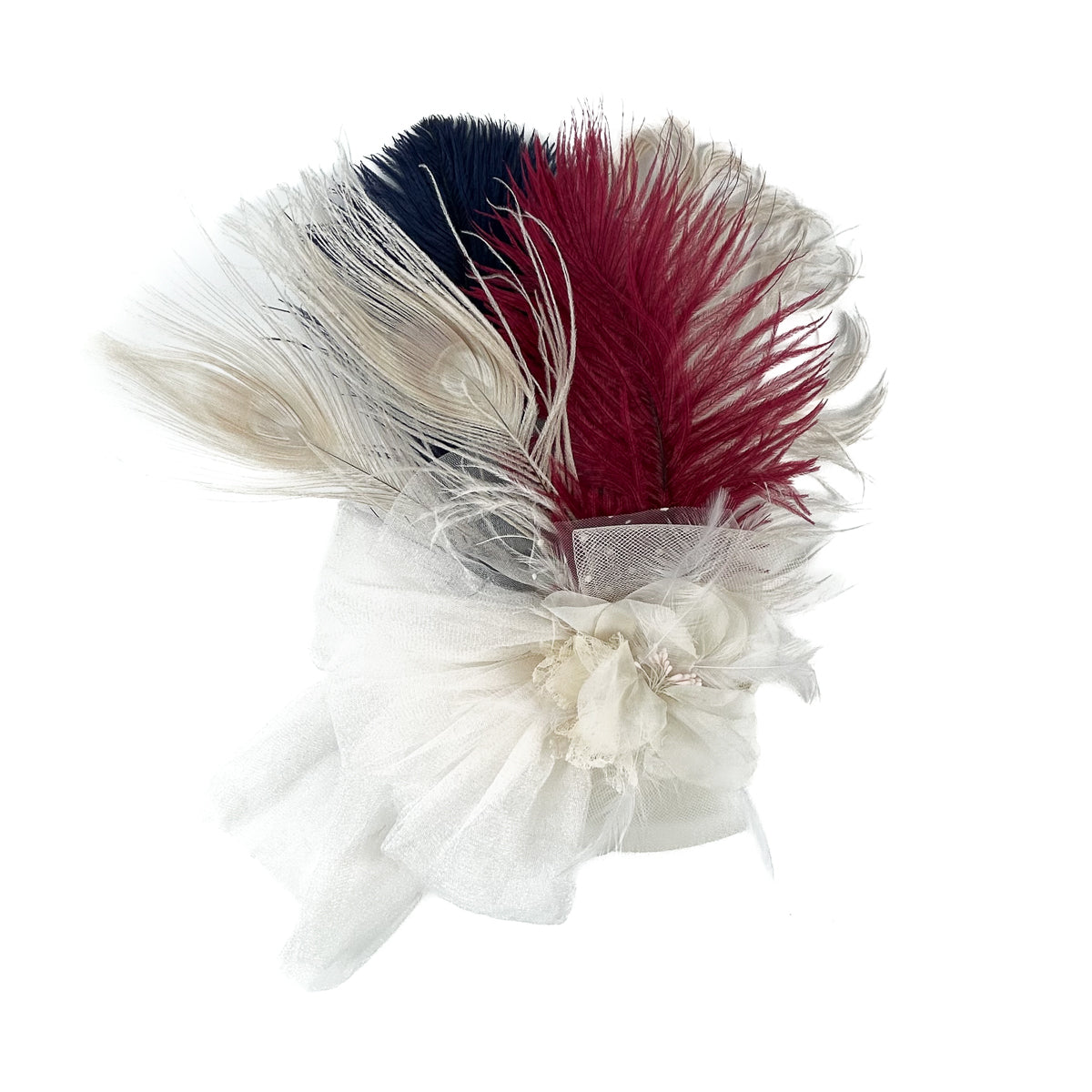 Clara Fascinator Ostrich/Rooster/Peacock -- Burgundy/Ivory/Navy ...